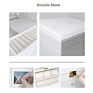 Jewelry Box Organizer for Women Girls, 3 Layer White PU Leather Jewelry Storage Case with 2 Removable Drawers, Mirror, Key Lock and 4 Pcs Jewelry Bags for Rings, Earrings, Necklace, Bracelet