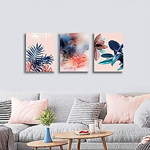 Canvas Wall Art for Girls Bedroom Bathroom,3 Pieces 12" X 16" Tropical Botanical Prints Abstract Watercolor, Modern Navy Blue Leaf Picture Artwork Framed Ready to Hang, Teen Girls Woman Room Blush Pink Decor