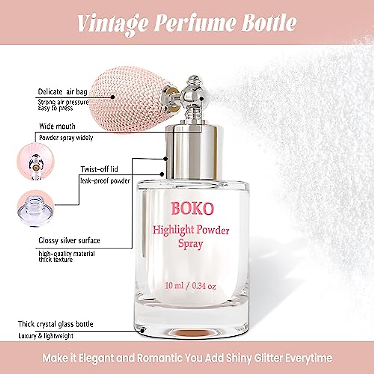 BOKO Highlighter Powder Spray, Cosmetic Grade Body Shimmer Spray High Gloss Diamond Highlight Glitter Magic Powder Makeup Sparkle Glitter Hairspray Rave Accessories for Women Face Paint Hair Clothes