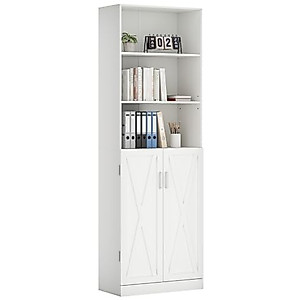 Loomie Industrial Boolshelf with Door, 6 Tier Farmhouse Book Shelf with Adjustable Shelves,70" Tall Display Etagere Bookcase,Floor Standing Unit Book Case Furniture for Home Office,Living Room (White)