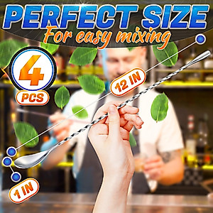 4Pcs Bar Spoon Cocktail Mixing Spoon - 12" Drink Mixer Metal Spoons Cocktail Stirrers Long Spoons for Stirring Spoons Set Cocktail Spoon Long Handle - Christmas Cocktail Mixers Long Spoon Bar Spoons
