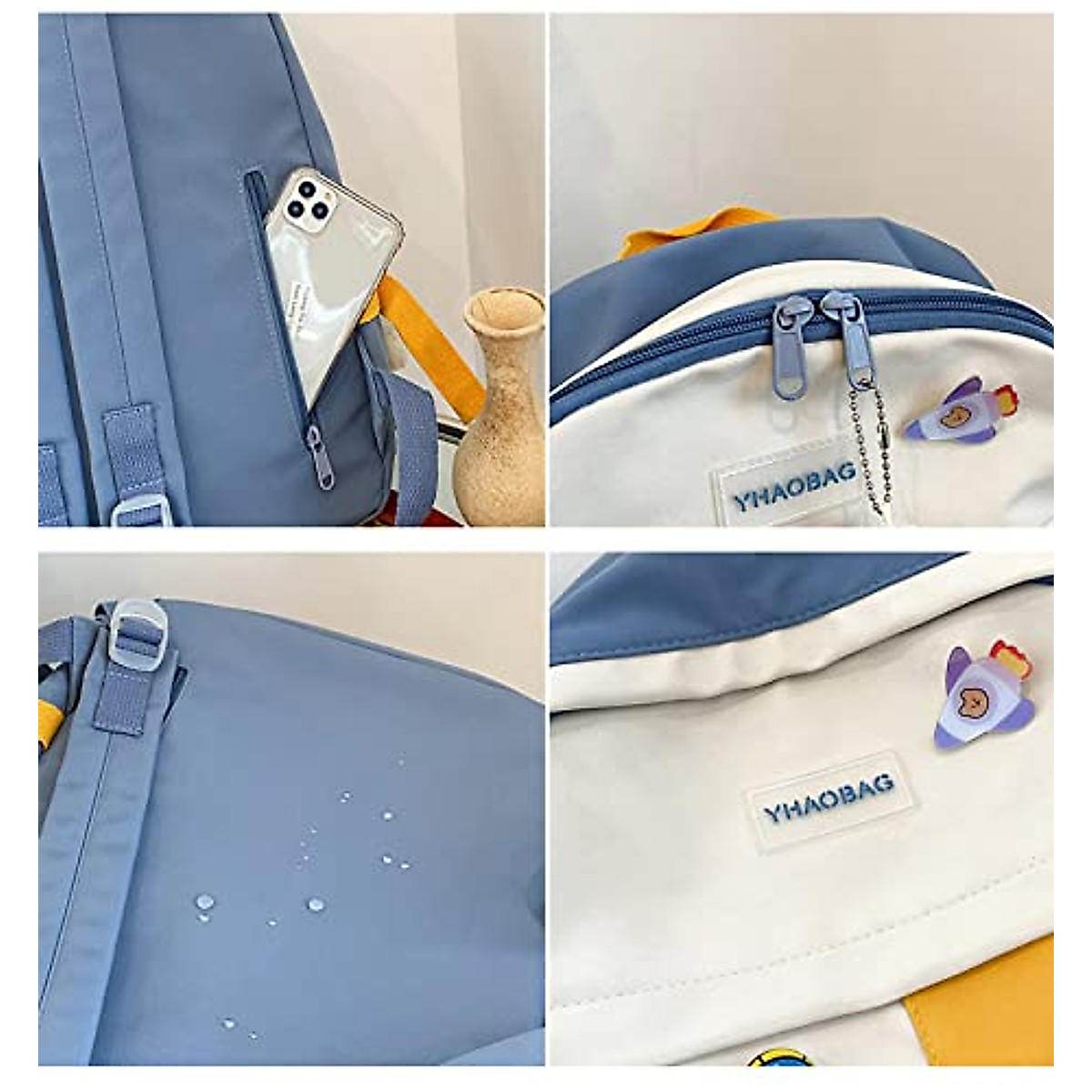 Cute Canvas Kawaii Backpack with Pins 16" Pink Aesthetic Bag Fashion Shoulder Backpack with Hanging Bear Fancy College Bags Lightweight Travel Bag (Blue And Pink)