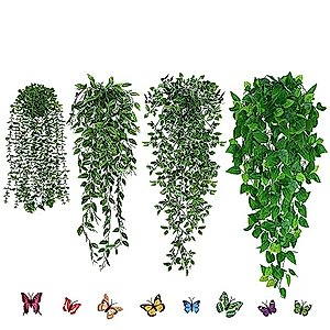 Waipfaru Fake Hanging Plant with Pot, 4Pcs Artificial Hanging Plants with Fake Ivy Vines, Faux Potted Greenery Faux Eucalyptus Pothos Mandala Pea Pods for Home Room Wall Shelf Indoor Outdoor Decor