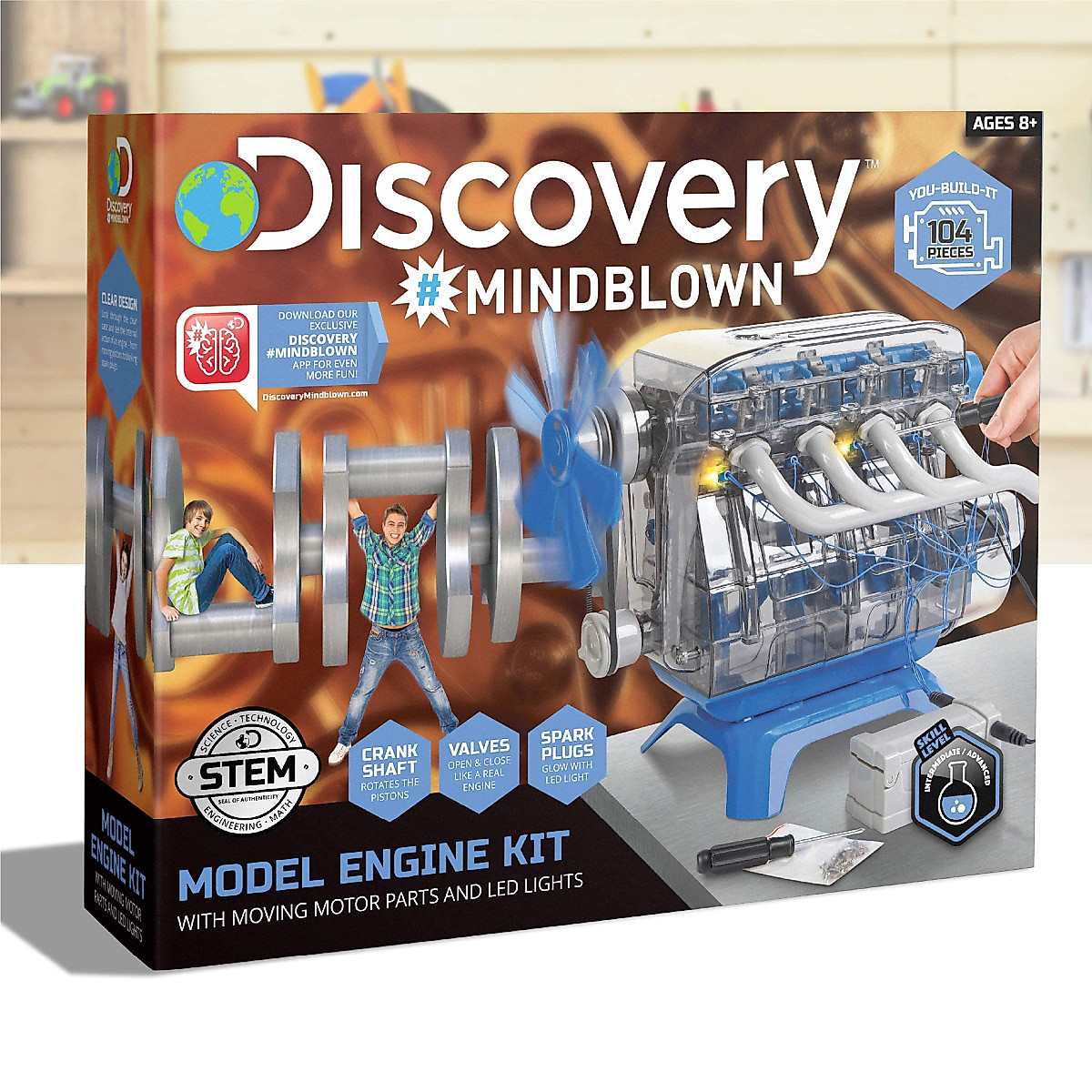Discovery #MINDBLOWN Model Engine Building Kit, DIY 4-Cylinder Combustion Engine, Working Pistons Fan Valves Belts LED Lights, STEM Mechanic Engineering Construction Experiment Set, Kids & Adults Gift