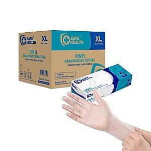 Safe Health Vinyl Exam Disposable Gloves, Latex Free, Powder Free, Clear, Case of 900, XL, 3.5 mil, Medical Grade, Nursing, Office, Kitchen, Pet Care, Cleaning, Housework