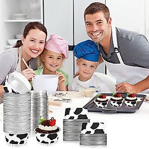 Uiifan 100 Pcs Aluminium Foil Baking Cups with Lids 5oz Cupcake Liners Disposable Ramekin Baking Cups Muffin Tins Cow Print Mini Pie Pans Cake Wrappers Containers with Spoon for Birthday Wedding Party