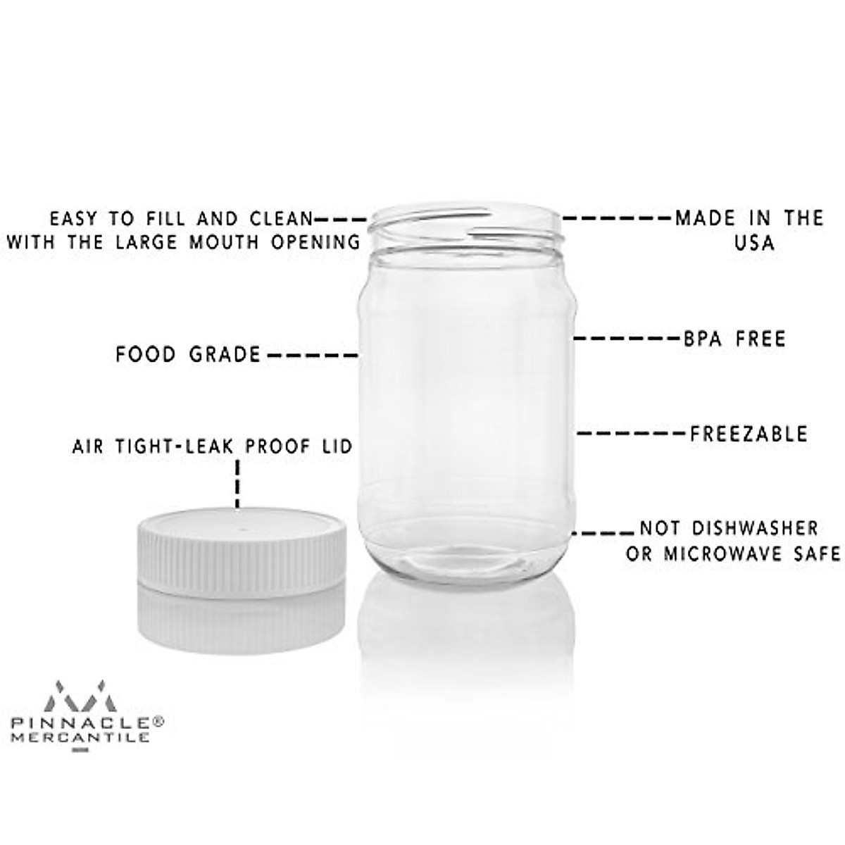 Pinnacle Mercantile Plastic Mason Jars - Screw on Ribbed Lid - 16 ounce-Set 6-Airtight Liner-Meal Prep Containers-Freezer Safe BPA Free
