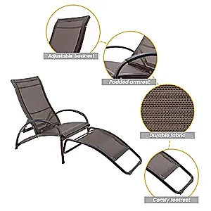 Crestlive Products Aluminum Outdoor Folding Reclining Rocking Chaise Lounge Chair, Adjustable Portable Sun Tanning Lounger, All Weather in Brown Finish for Lawn, Patio, Deck, Poolside (2 PCS Brown)