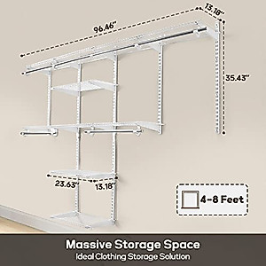 Homde Closet Organizer System Wall Mounted, 4-8 Ft Adjustable and Expandable Metal Wire Shelving Closet Kit, Custom DIY Wardrobe Closet Storage System with Shelf, Clothes Hanging Rods