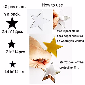 40PCS 3D Acrylic Mirror Silver Stars Wall Stickers with Adhesive Art Decal Wall Art Decor Baby Kids Bedroom Home DIY Decor Removable Stickers (Silver Stars)