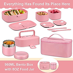 Pawtong Bento Lunch Box with 8oz Soup Thermo, Kids Sustainable Bento Box Leakproof Lunch Food Containers with Lunch Bag, Kids Thermo Insulated Hot Food Jar for School, Trvael (Pink)