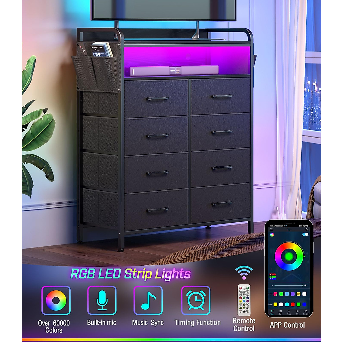 Rolanstar Dresser with Power Outlets and LED Lights, 8 Drawers Dresser with Side Pockets, Fabric Chest of Drawers with PU Finish, Tall Dresser with Sturdy Frame & Wood Top for Bedroom, Black