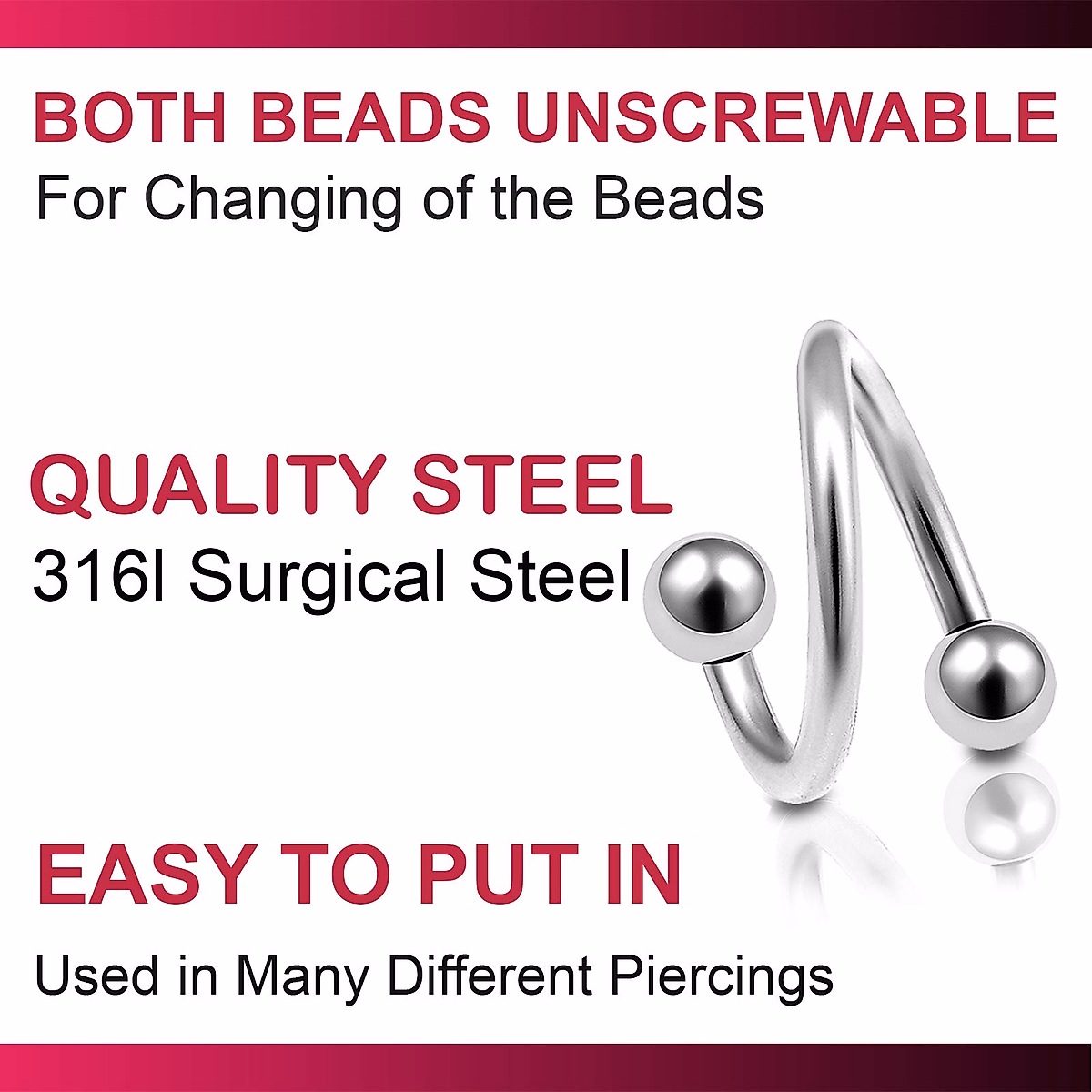 bodyjewellery 4pcs 16g Spiral barbell Cartilage Earring Lip Tragus Eyebrow Hoop Helix Twisted Bar Surgical Steel Studs 3mm Balls - 10mm