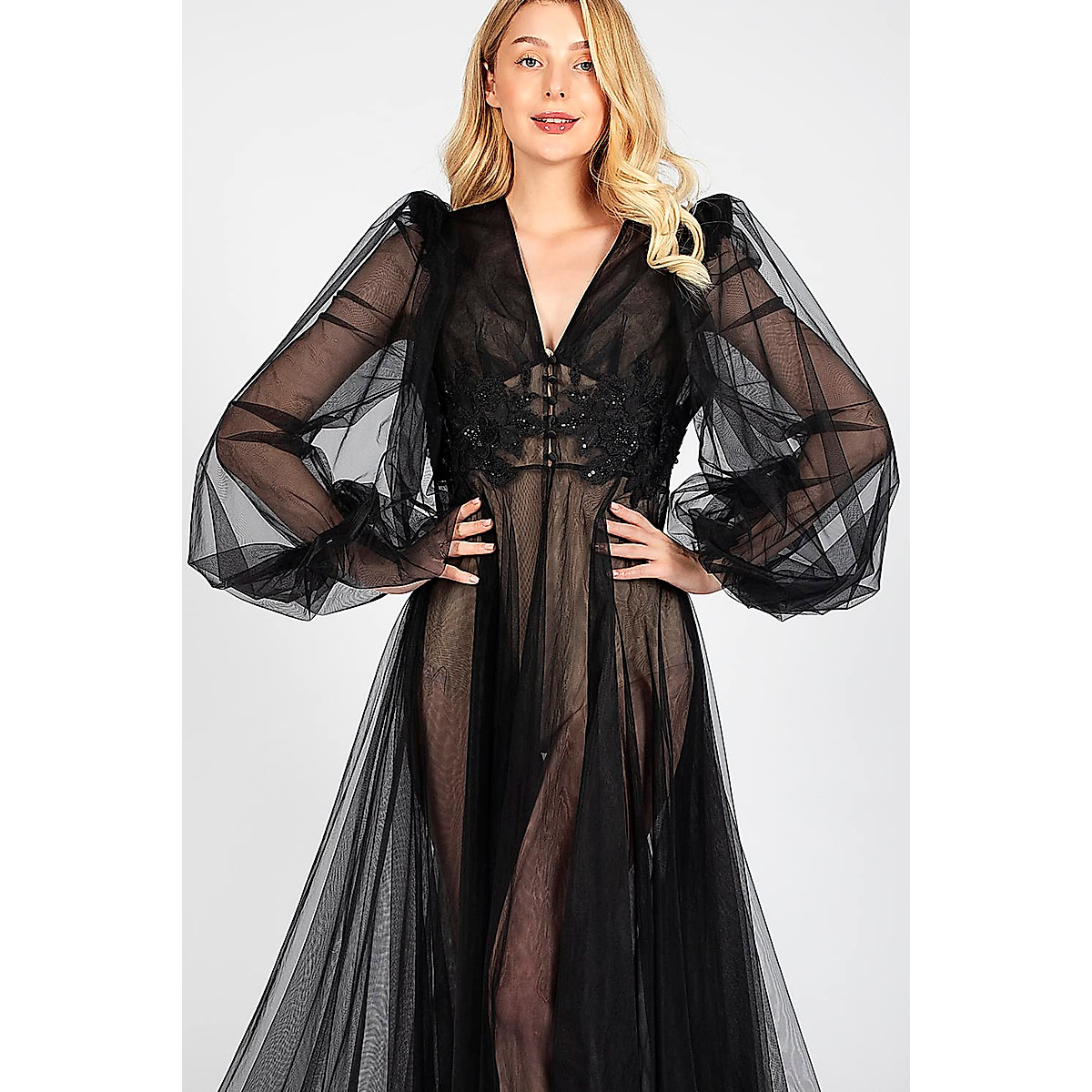 HHQ Bridal Tulle Robe Long White Lace Wedding Nightgowns Women Bride Getting Ready Robe Boudoir Shoot Sheer Dress(Black,L)