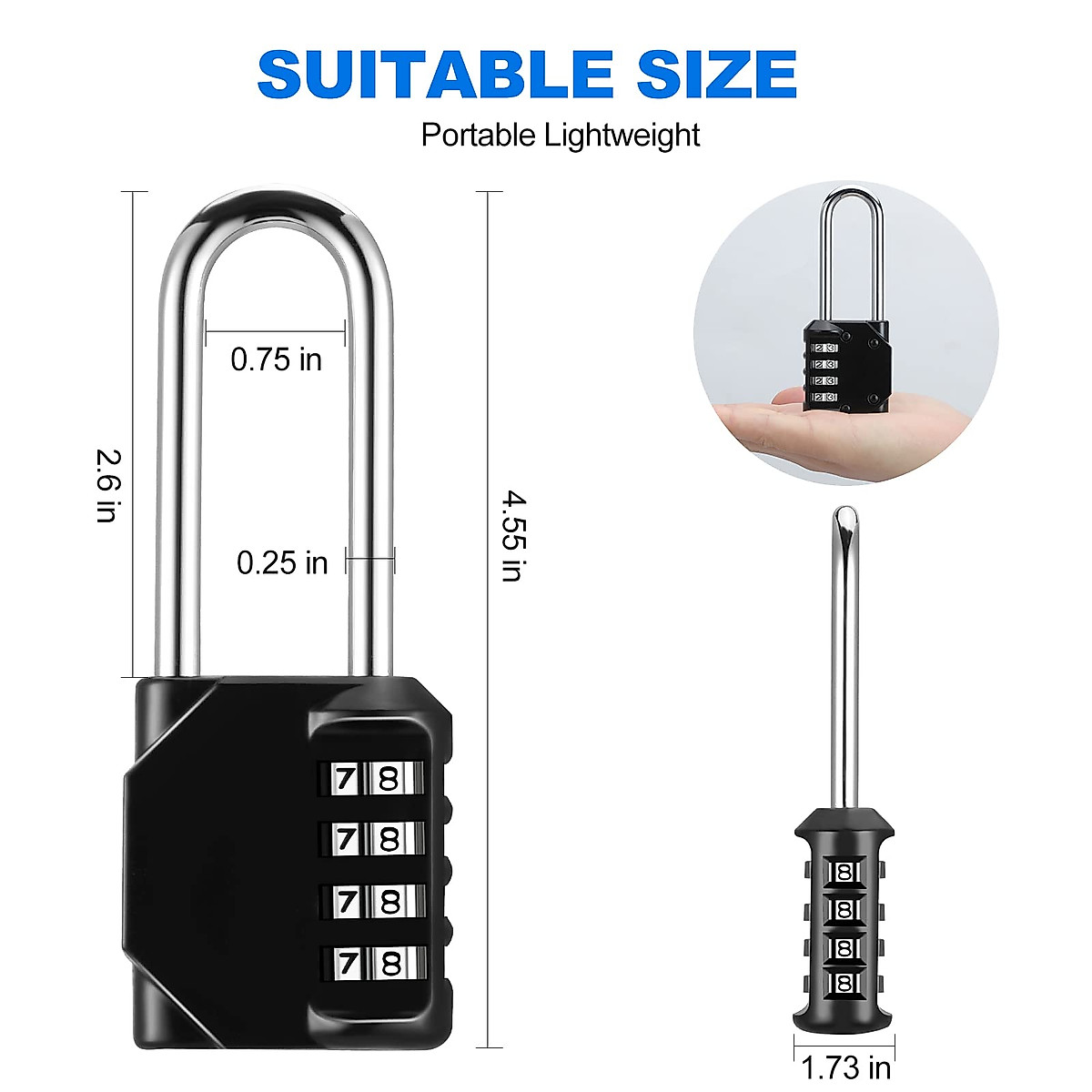 Combination Lock, 4 Digit Combination Padlock for School Gym Sports Locker, Fence, Toolbox, Case, Hasp Cabinet Storage (Long Shackle, 2 Pack, Blue & Black)