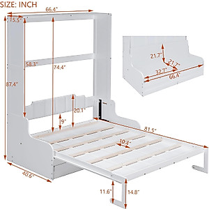 MERITLINE Queen Murphy Bed with Sofa,Wood Murphy Bed Cabinet with Couch,Folding Murphy Wall Bed Queen Size (White)