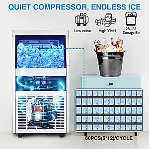 Zomagas Ice Maker, Commercial Ice Maker Machine 120-130LBS/24H with 28LBS Storage Bin, Freestanding/Under Counter Ice Machine for Home/Party/Bar/Restaurant,Include Water Filter, Scoop, Connection Hose