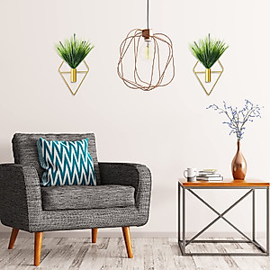 2 Pieces Diamond Shape Hanging Planters with Artificial Aquatic Plants Metal Hanging Vase Indoor Plants Holder Modern Geometric Wall Decor for Home Living Room Office (Gold, Aquatic Plant)