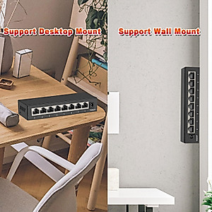 ienRon 8 Ports Gigabit Network Switch, Supported Desktop or Wall Mount Plug and Play with AI Detection Unmanaged Tiny Ethernet Splitter Network Switch in Metal Case, Red / Black