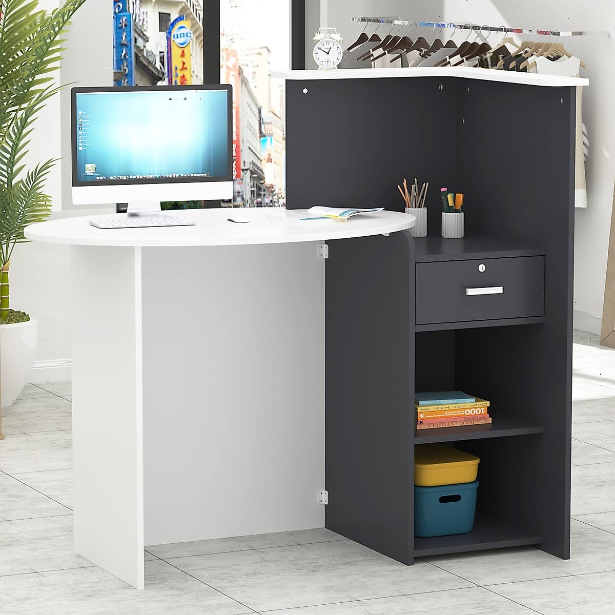 ECACAD Reception Desk with Lockable Drawer and Open Shelves, Office Desk Reception Counter Table, Dark Grey and White (50”W x 22.2”D x 43.3”H)