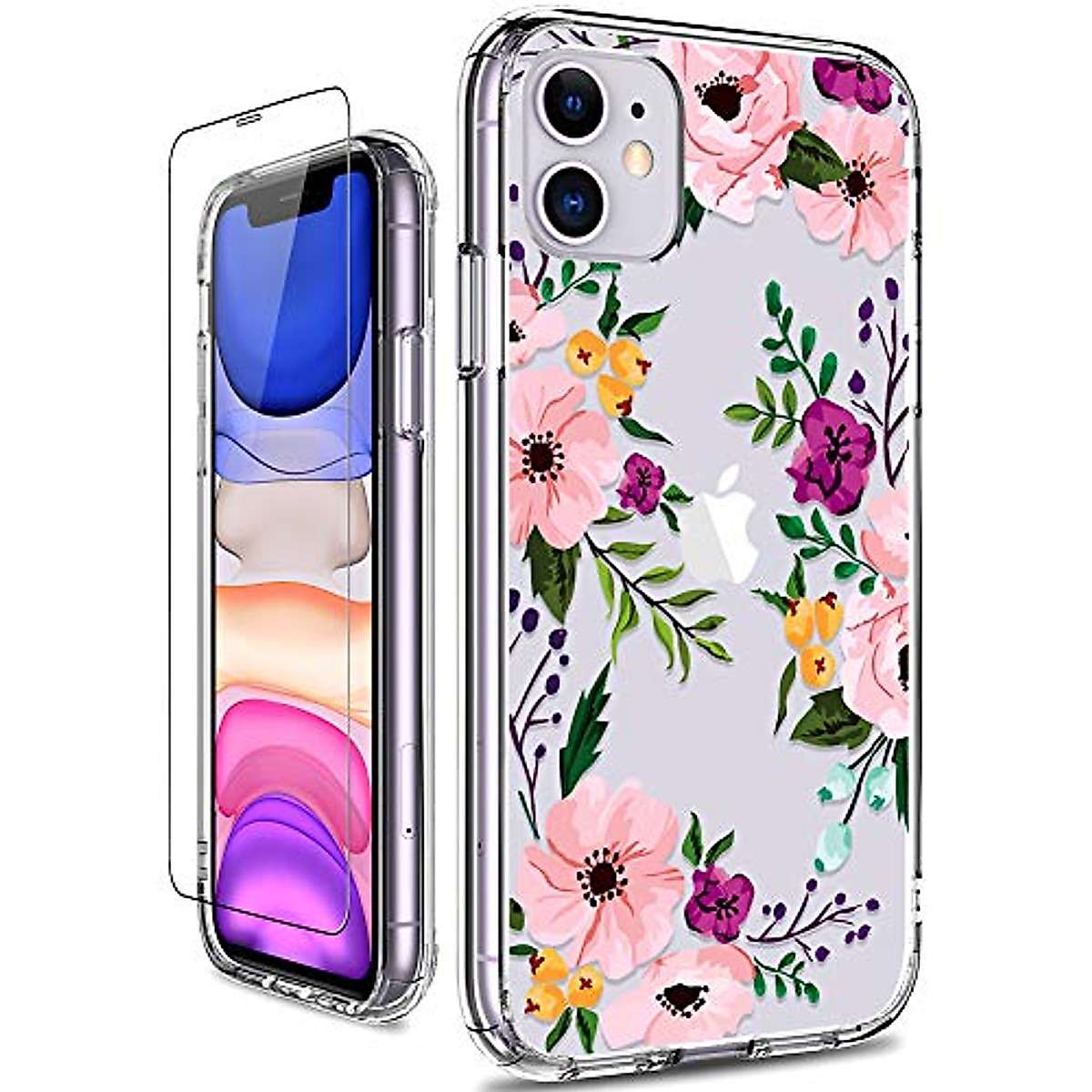 GiiKa iPhone 11 Case with Screen Protector, Clear Heavy Duty Protective Case Floral Girls Women Shockproof Hard PC Back Case with Slim TPU Bumper Cover Phone Case for iPhone 11, Small Flowers