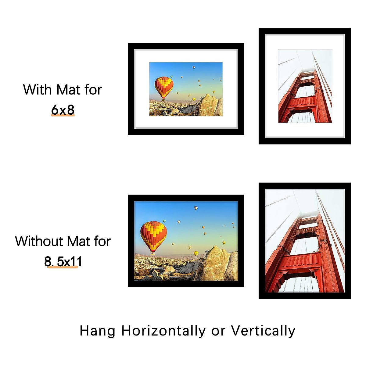 Wiscet 8.5x11 Picture Frame Set of 3, Display Pictures 6x8 with Mat or 8.5 x 11 Without Mat, Photo Frame for Wall Mounting or Tabletop Display, Black
