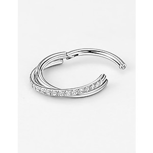 16g 8mm Silver 316L Surgical Steel Septum Rings Cubic Zirconia Nose Piercing Ring Twisted Hinged Nose Rings Hoop Cartilage Earring Lip Tragus Daith Rook Helix Piercing Jewelry 16 Gauge Septum Clicker