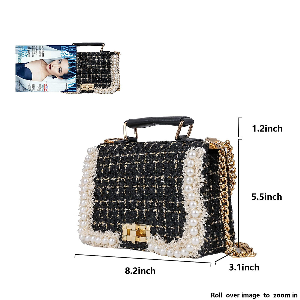 Qiayime Purses and Handbags for Women Fashion Ladies Top Handle Satchel Shoulder Tote Pearl bead chain Tote Crossbody Bag Black
