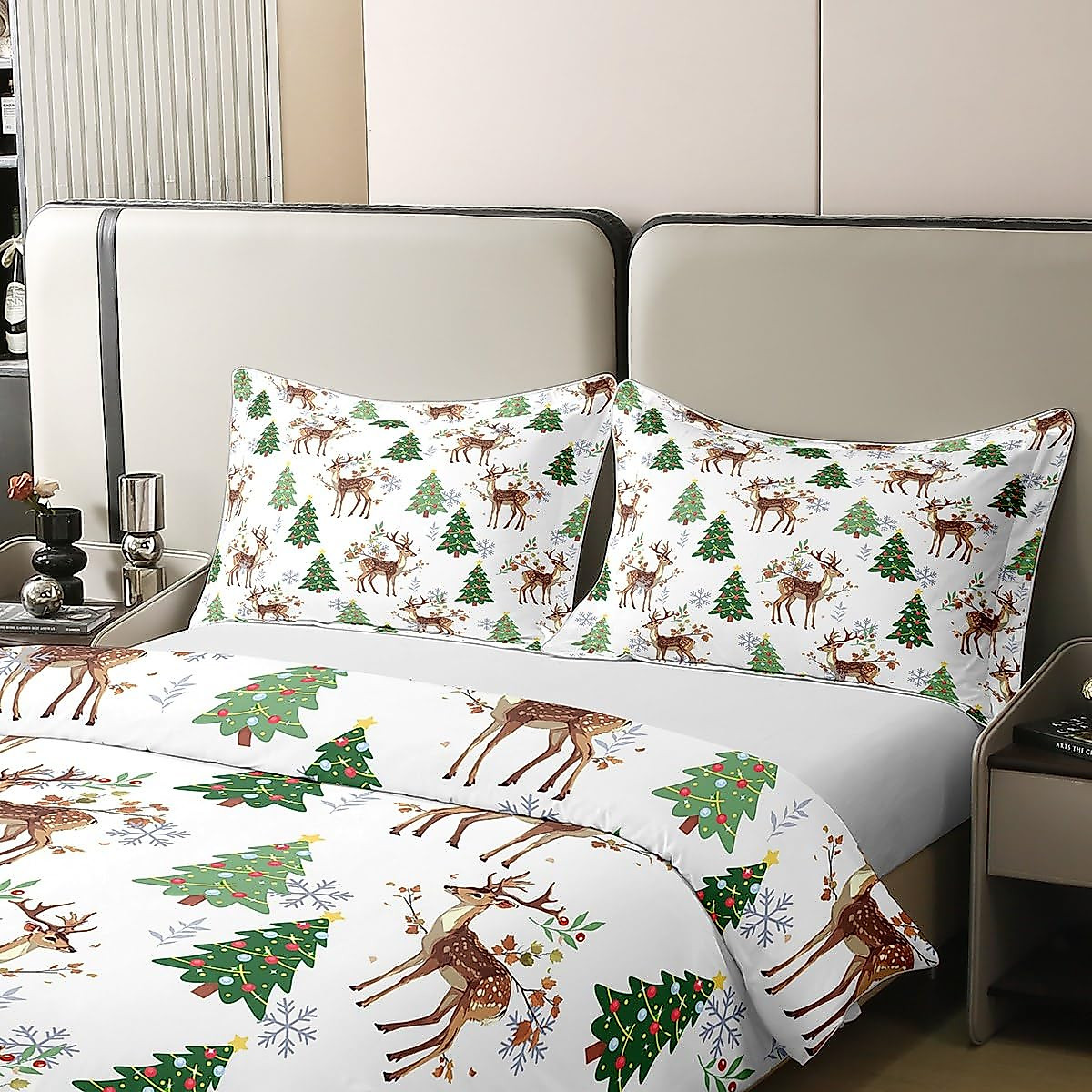 Erosebridal Christmas 100% Cotton Duvet Cover Queen,Cartoon Xmas Deer Bedding for Kids Boys Girls,Snowflake Bells Elk Antlers Comforter Cover Bedroom Decor,Jungle Animal Bed Sets with 2 Pillowcases