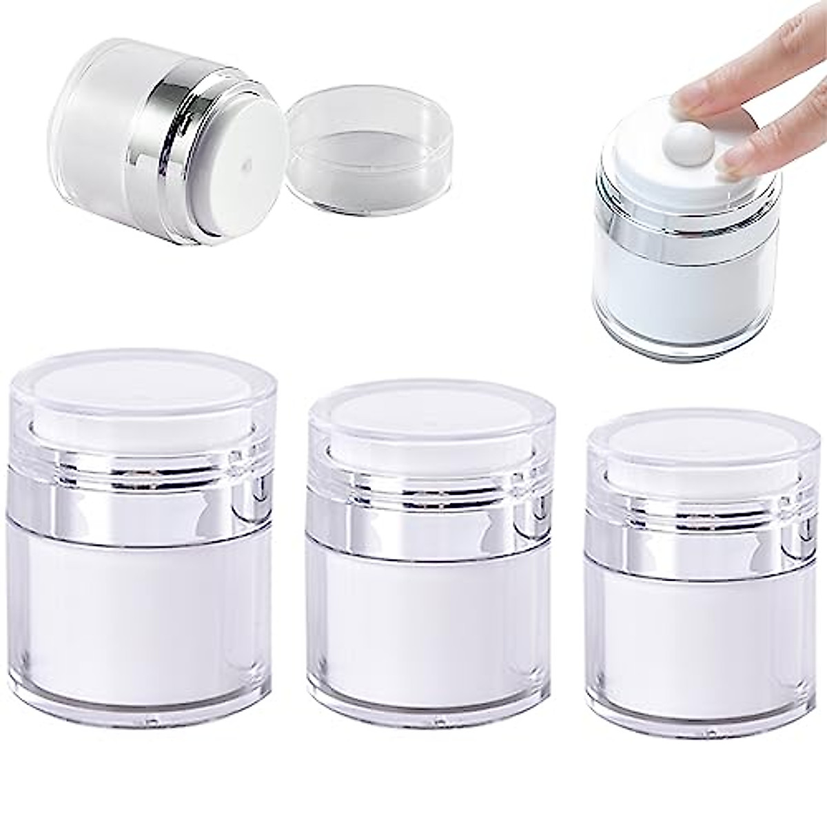 LXIANGN 3Pcs Airless Pump Jars,Refillable Empty Airless Pump Jar Vacuum Push Down Moisturizer Pump Dispenser for Serums,Skincare Cream,Essence,Leak Proof Portable Travel Container (0.5oz,1oz,1.7oz)