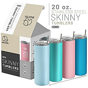 Earth Drinkware SKINNY TUMBLERS (4 pack) - 20oz Stainless Steel Double Wall Insulated Tumblers with Lids and Straws | Skinny Travel Mug, Straw Cleaner INCLUDED | Blanks For Vinyl Projects - Multi #4