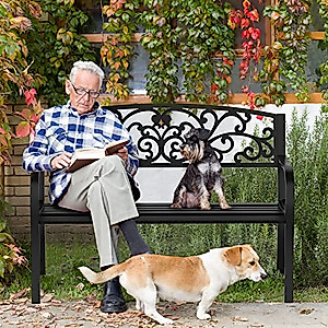 VINGLI 50" Patio Park Garden Bench Outdoor Metal Benches,Cast Iron Steel Frame Chair Front Porch Path Yard Lawn Decor Deck Furniture for 2-3 Person Seat