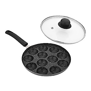Non Stick Aluminium Appam Maker Pan 12 Pits with Glass Lid, Black