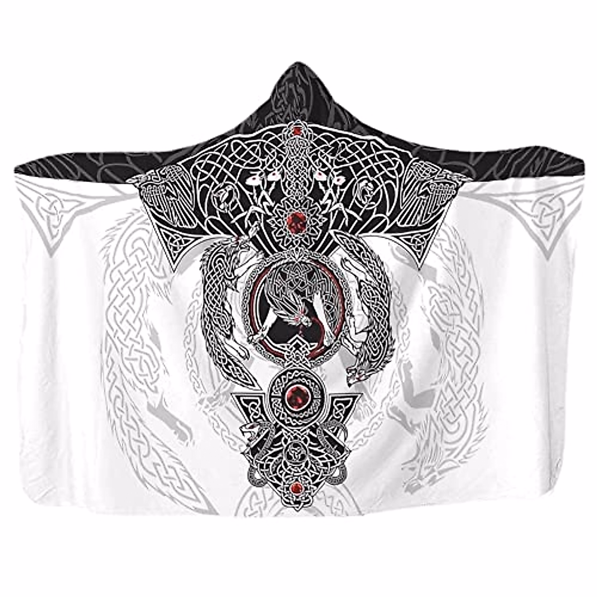 DFWY Men Women's Viking Hooded Blanket Cloak - Norse Wolf Head Fenrir Tattoo 3D Print Plush Wearable Blankets - Novelty Winter Warm Super Soft Blanket Bath Sheet (Color : C, Size : 50 * 60 Inch)
