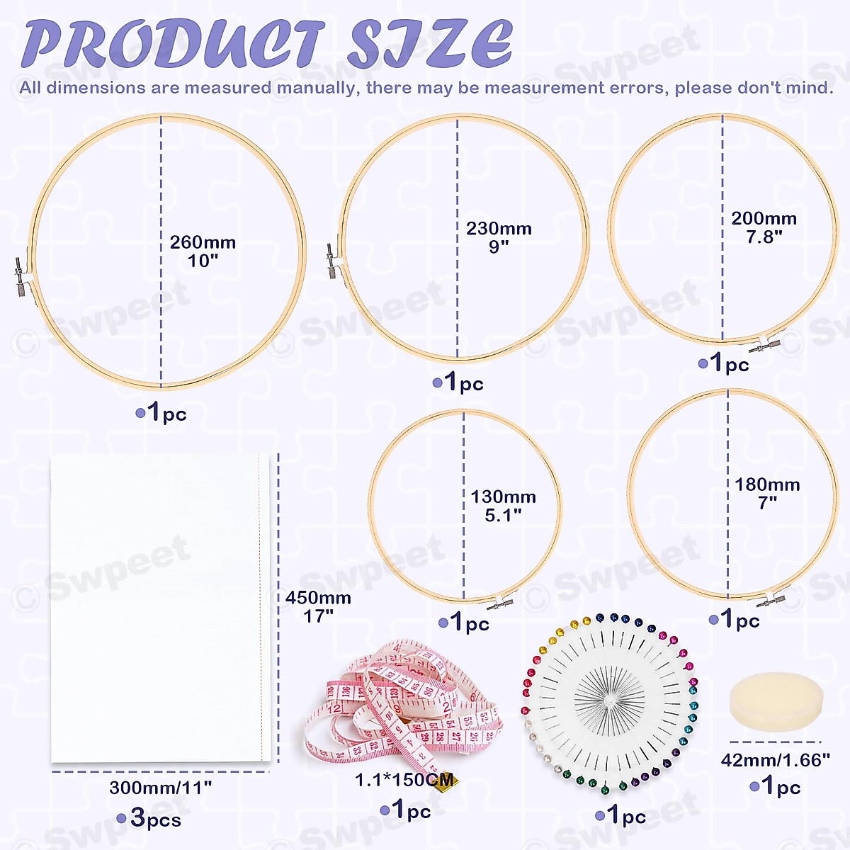 Swpeet 212Pcs Embroidery Kit, Stitch Kits Include 100 Colors Threads, Aida Cloth, Sewing Pins, Floss Bobbins, Embroidery Needles, Bamboo Embroidery Hoops, The Shell of a Pen with Erasable Refill