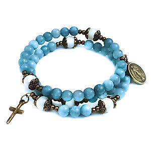 Our Lady of Grace Aquamarine Jade Stone Rosary Beads Catholic for Women and Rosary Bracelet for Women Set,Rosary & Miraculous Medal Bracelet,Catholic Rosary, Stone, Amethyst