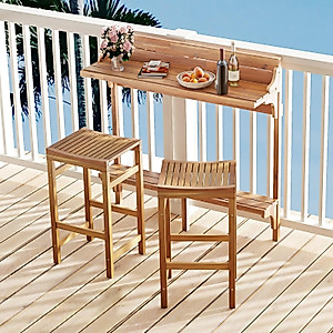 Tangkula 3 Pieces Acacia Wood Balcony Table Set, Outdoor Bar Height Table & 2 Bar Stools w/Shelf, Footrest, Curved Wood Seat, Back Rail for Assembly, for Balcony, Patio and Small Outside Space (1)