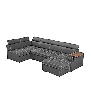 Microfiber Sectional Sleeper Sofa with Pull-Out Bed , 5 Seater Convertible L-Shaped Couch with Adjustable Headrest , Storage Armrest , Ottoman ,Cupholder ,360° Rotated Table ,USB Ports for Living Room
