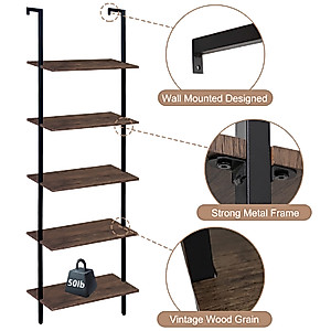 Wolawu 5 Tiers Ladder Shelf 2-Piece Black Modern Tall Bookshelf Open Large Tall Wall Mount Storage Bookcase Standing Leaning Wall Shelves Industrial Decorative
