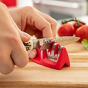 KitchenIQ 50883 Edge Grip 2-Stage Knife Sharpener, Red, Coarse & Fine Sharpeners, Compact for Easy Storage, Stable Non-Slip Base, Soft Grip Rubber Handle, Straight & Serrated Knives