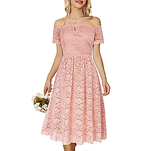 Women's Lace Cocktail Dress Off Shoulder Bridesmaid Swing Bridal Shower Formal Party Dress Pink XL