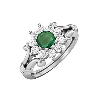 MOONEYE 14K White Gold Plated 925 Sterling Silver 4.5MM Round Shape Emerald Gemstone Cluster Engagement Ring (Silver, 5)