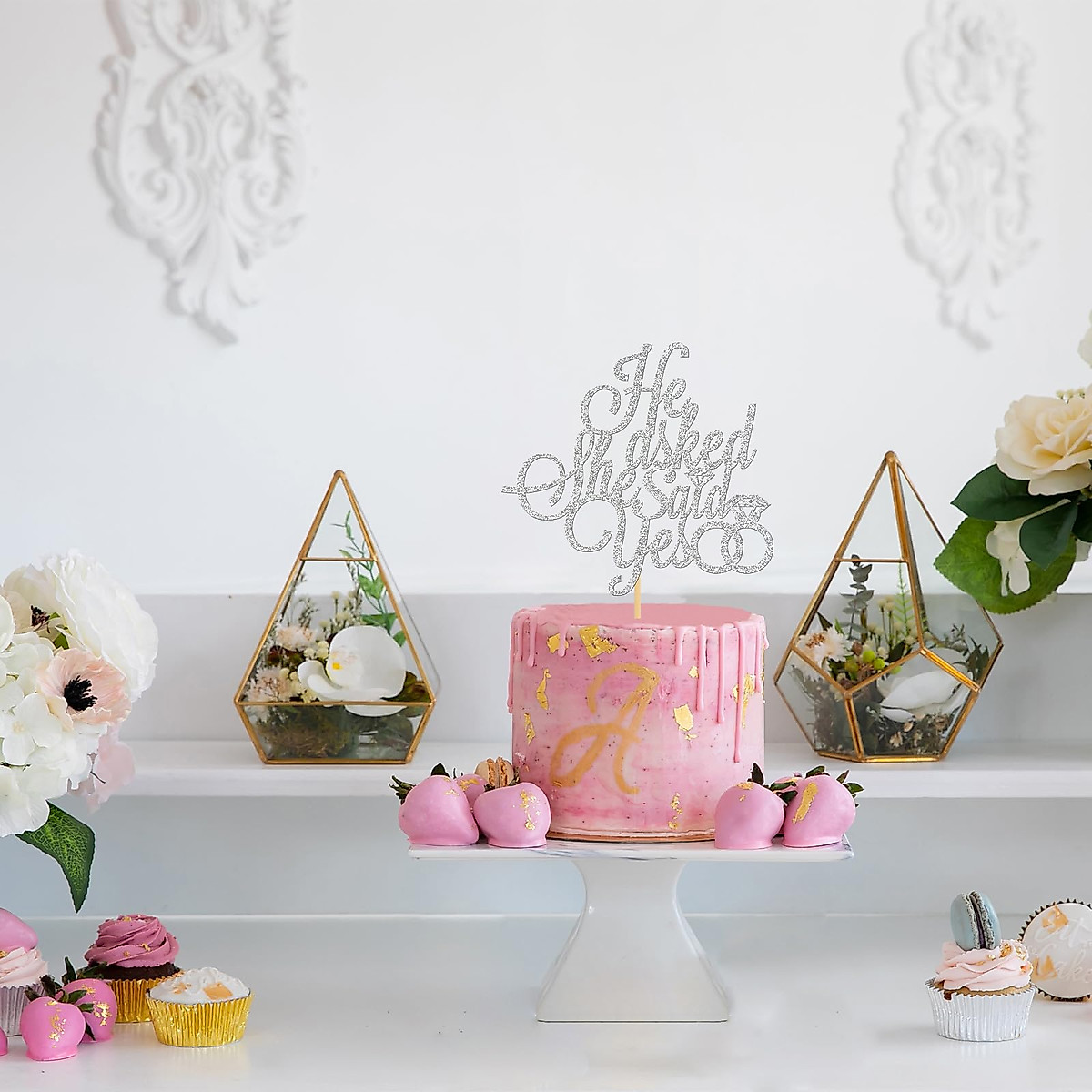 He Asked She Said Yes Cake Topper, Just Engaged, From Miss to Mrs, Silver Glitter Bride to Be Happy Engagment Party Cake Decorations