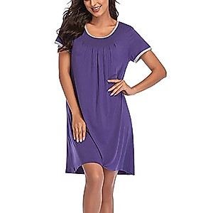 COLORFULLEAF Women's Nightgown Short Sleeve Nightshirt Sleep Shirt Comfy Sleepwear Pleated Scoopneck Sleepshirt (Dark-purple, S)