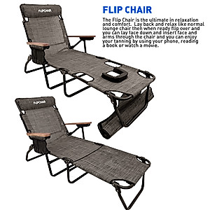 EasyGo Product FLIP Face Down Tanning Chaise Lounge Chair with Face & Arm Holes - 4 Legs Support - Textilene Material - 6 Position - Arm Head Rest Pillow - Beach or Home Use - PATENTS Pending, Brown
