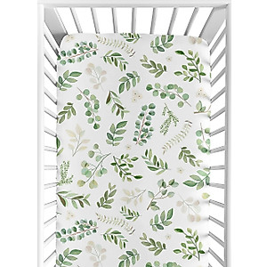 Sweet Jojo Designs Floral Leaf Girl Fitted Crib Sheet Baby or Toddler Bed Nursery - Green and White Boho Watercolor Botanical Woodland Tropical Garden