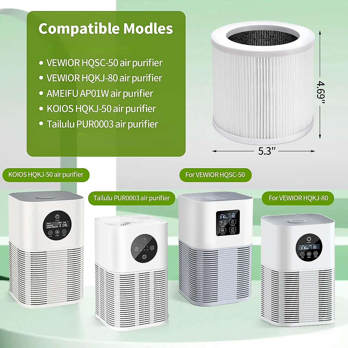 Aiskaer 2-Pack A1 A1W Replacement Filter Compatible with VEWIOR HQSC-50,HQKJ-80,AMEIFU AP01W,KOIOS HQKJ-50 Air Purifier,3-in-1 H13 True HEPA Filter