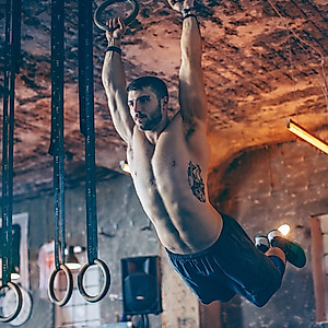 Synergee Wood Olympic Gymnastics Rings 1.25" Grip with Adjustable Straps for Pull Ups Dips and Muscle Ups. Red and Black Grip Tape Included.