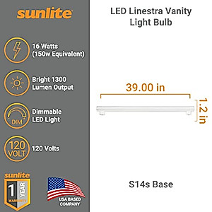 Sunlite 53155-SU LED Linestra Vanity LN150 Replacement Light Bulb, 39 Inches, 16 Watt (150W Equivalent), Dimmable, S14s Base, 1300 Lumens, 1 Count (Pack of 1), 27K-Warm White