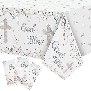 BkeeCten 3 Packs White Gold Baby Baptism Party Tablecloths Decoration Silver Color Flower Cross Dosposable Plastic Waterproof Rectangle Table Cover God Bless Tablecloth for Baby First Communion Party